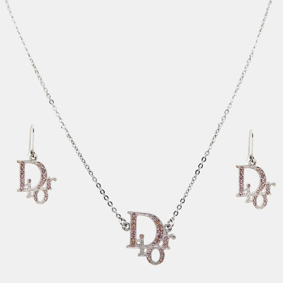 Dior | Jewelry | Dior Logo Crystal Silver Tone Necklace And Earrings ...